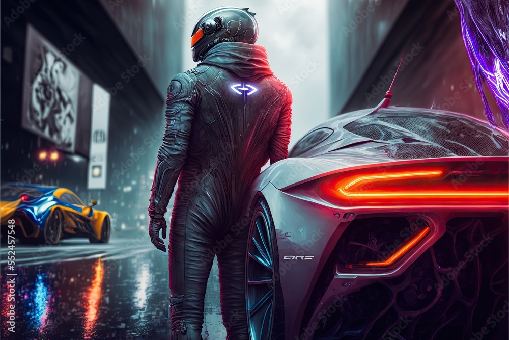 Leather suited sports car driver with helmet stands beside hyper modern ...