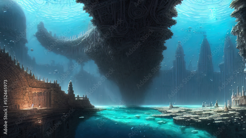 Ancient majestic sunken city of Atlantis civilization. Fantasy city at ...