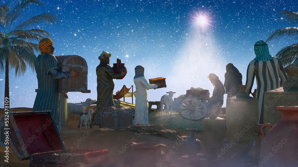 Three wise kings, 3 men bringing gifts to Jesus. Nativity scene ...