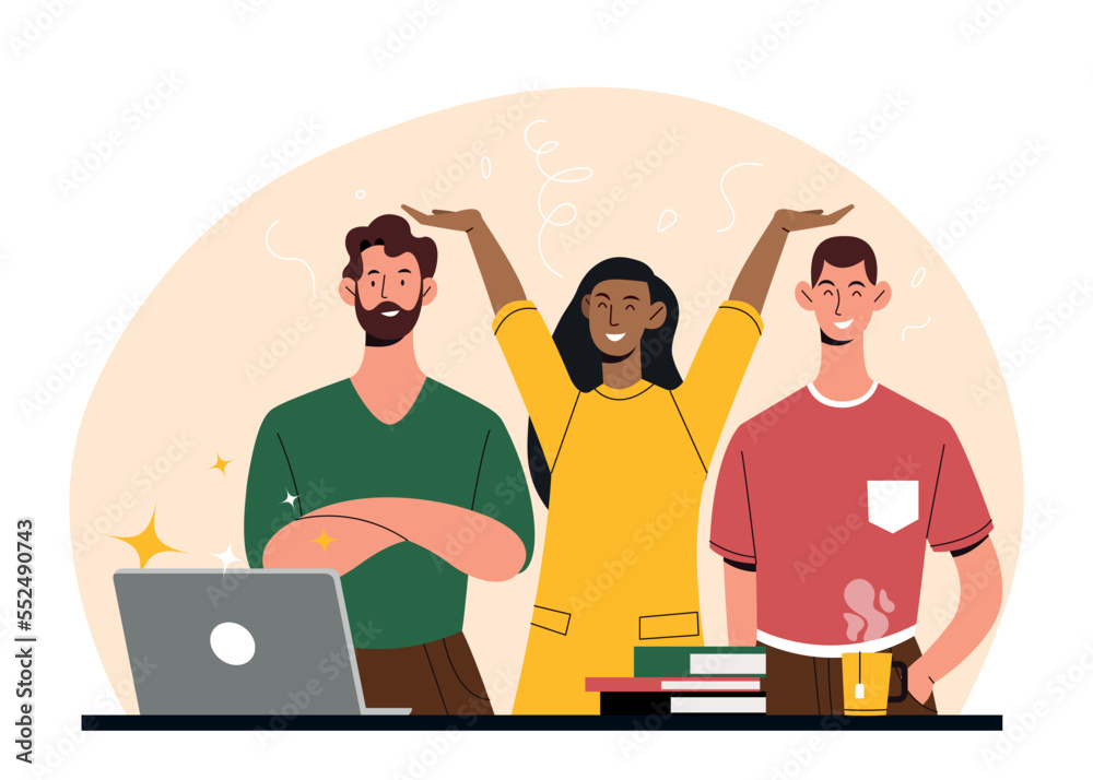 Happy business team. Men and women in office. Organization of workflow ...