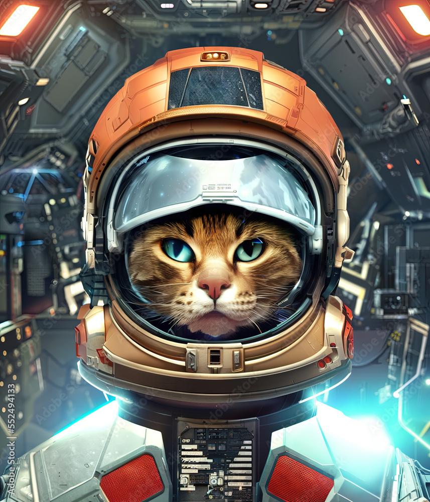 Cat astronaut pilot in a cramped space ship, surround by tech, Made by ...