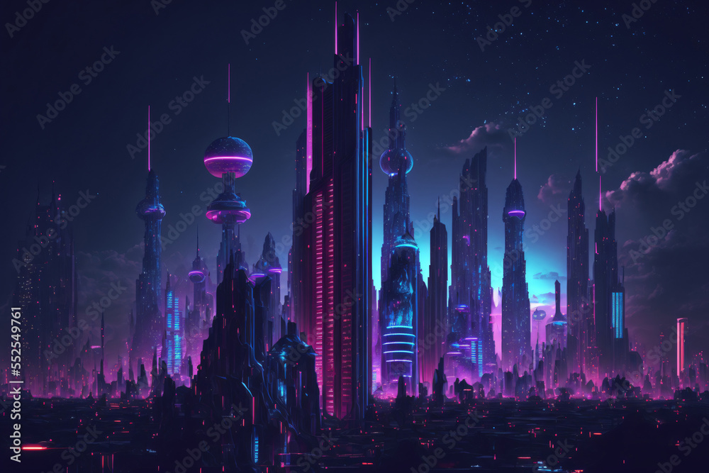 Science fiction neon city night panorama of dark futuristic sci-fi city ...