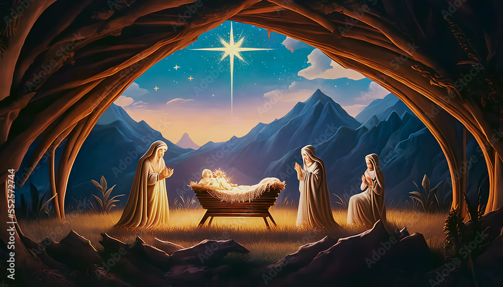 Christmas nativity scene of born child baby Jesus Christ in the manger ...