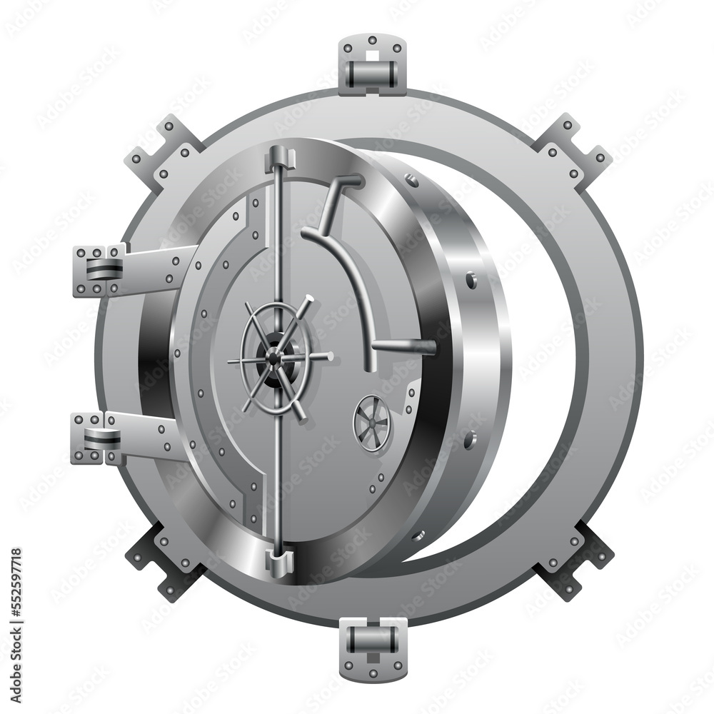 Bank vault door. Metal steel round gate open, isolated mechanism with ...