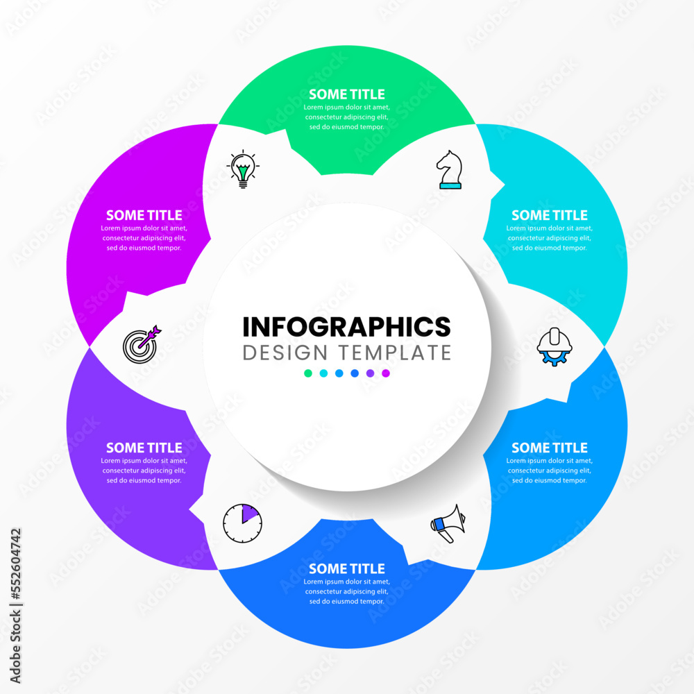 Infographic template. Flower shape with 6 steps, text and icons Stock ...