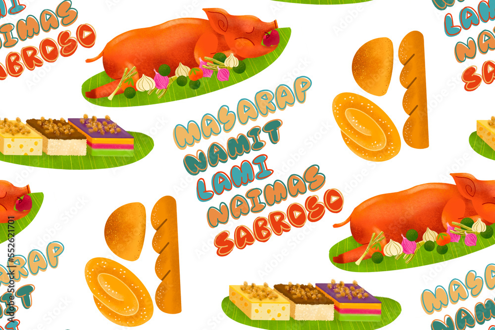 Filipino fiesta illustrated pattern with lechon roasted pig, breads ...