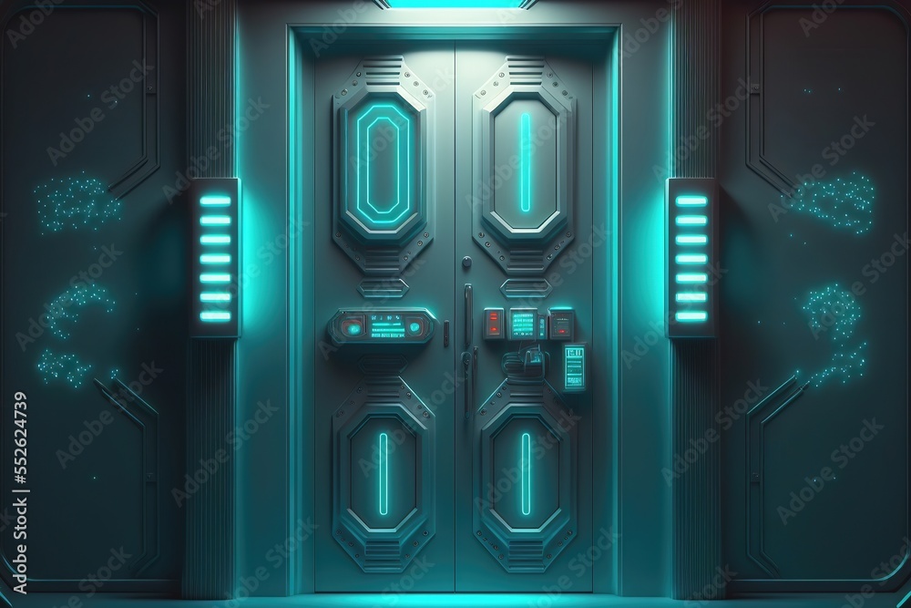 Intergalactic high-tech doors with instruments, display and neon light ...