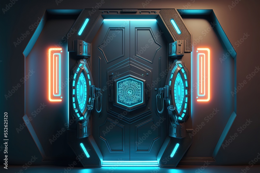 Intergalactic high-tech doors with instruments, display and neon light ...