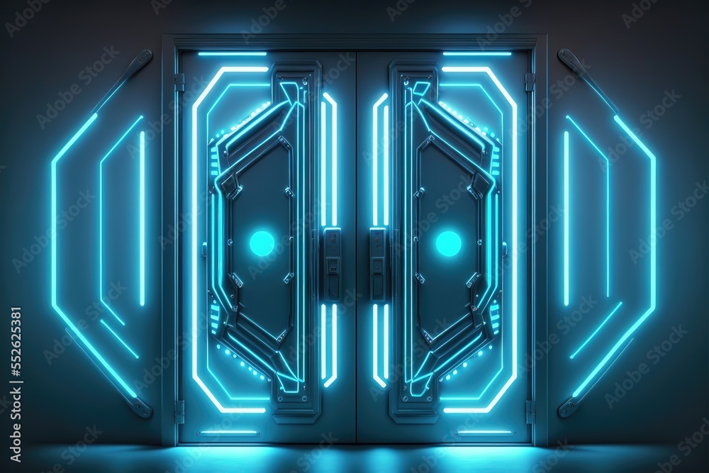 Intergalactic high-tech doors with instruments, display and neon light. Abstract room with doors ...