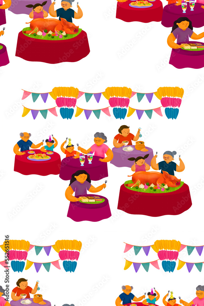 Filipino fiesta scene pattern on people eating lechon roasted pig ...