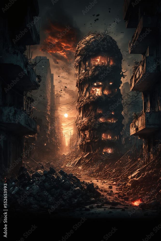 Atomic bomb in city. Aerial view. Symbol of nuclear war, end of world ...