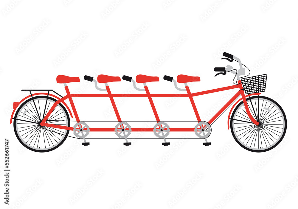 Red tandem bicycle with four seats, family concept, team work ...