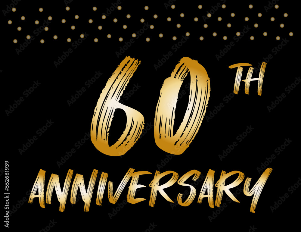 60th anniversary logo with confetti golden. Sixty years gold brush ink ...