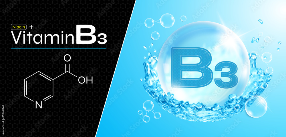 Vitamin B3 water drop. Blue drops with water splash. Niacin complex ...