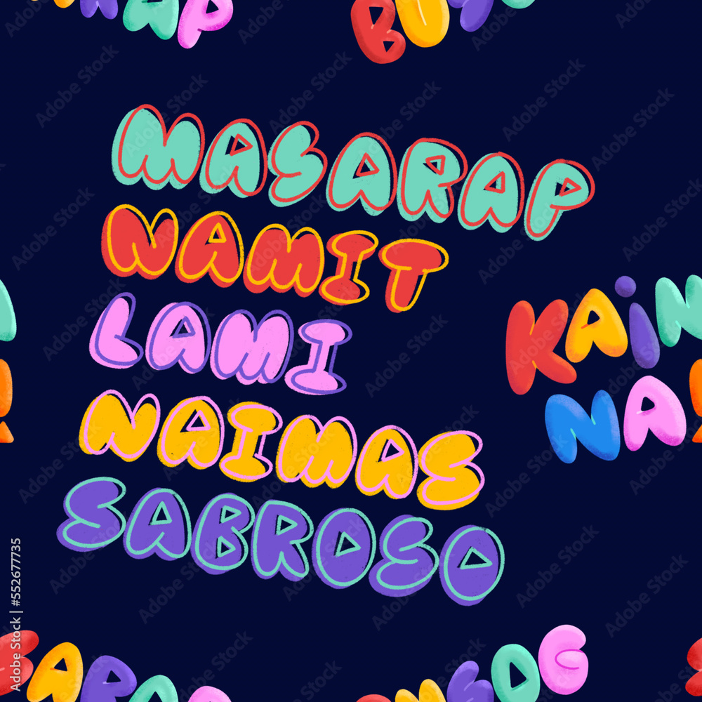 Illustrated lettering pattern in rainbow colors on dark blue background ...