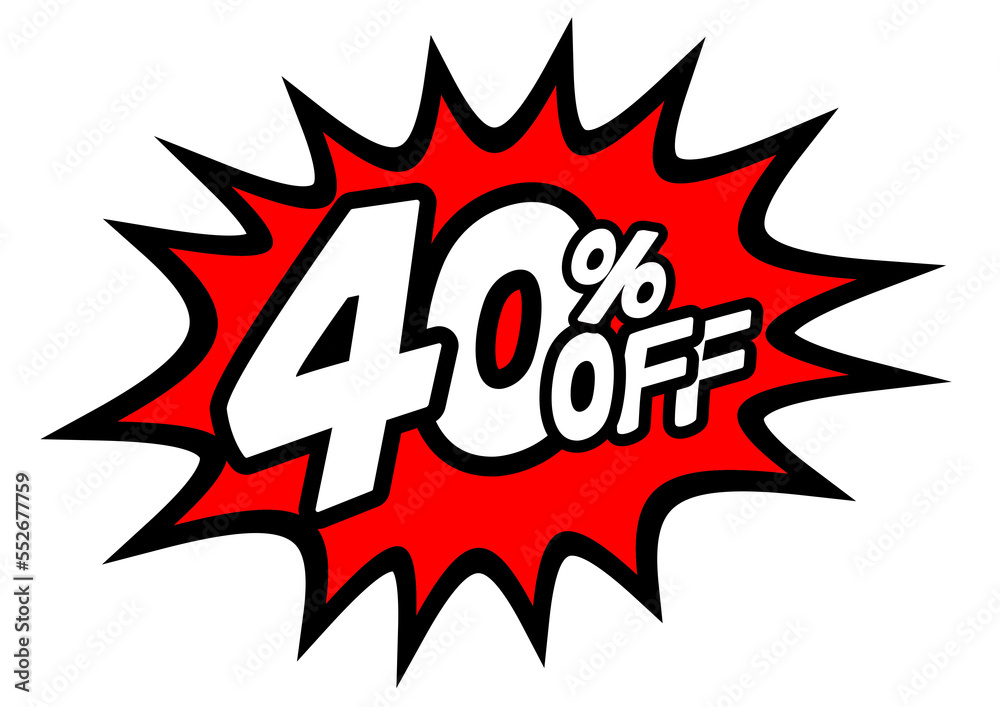 40 Percent OFF Discount on a Comics style bang shape background. Pop ...