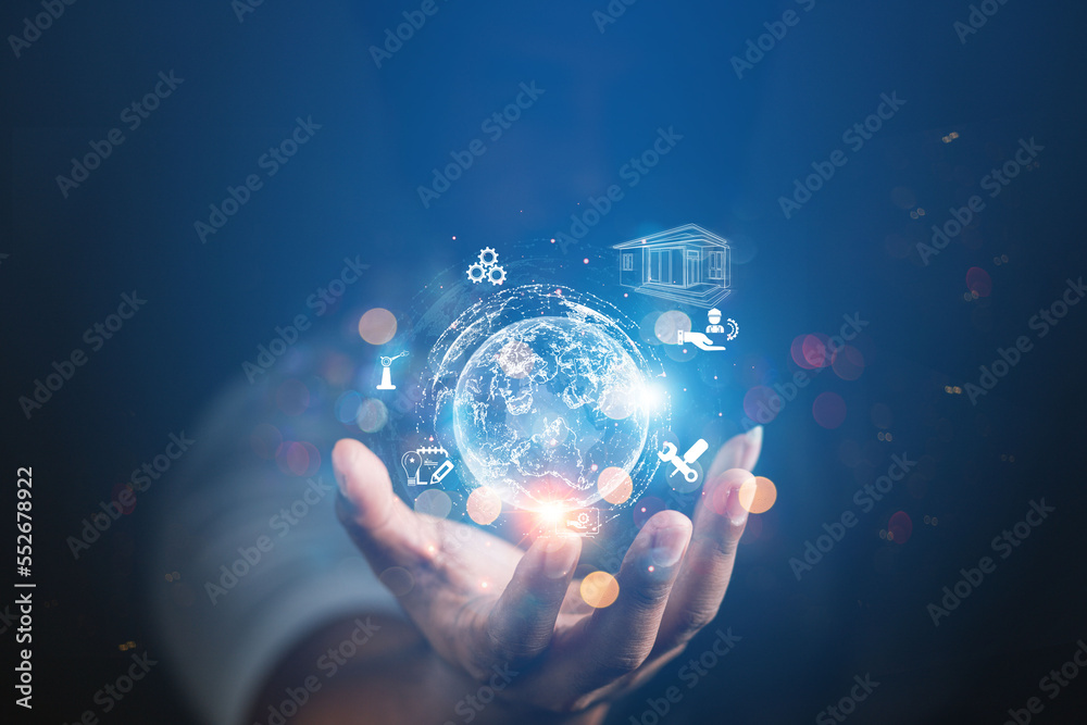 Businessman presenting futuristic business world metaverse graphic. In ...