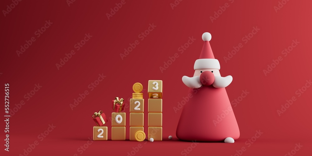 Santa Claus with growing cube turns from 2022 to 2023 .3d illustration ...