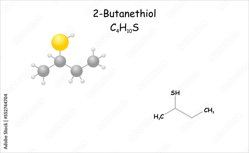 Stylized 2d molecule model/structural formula of 2-Butanethiol. Use for ...