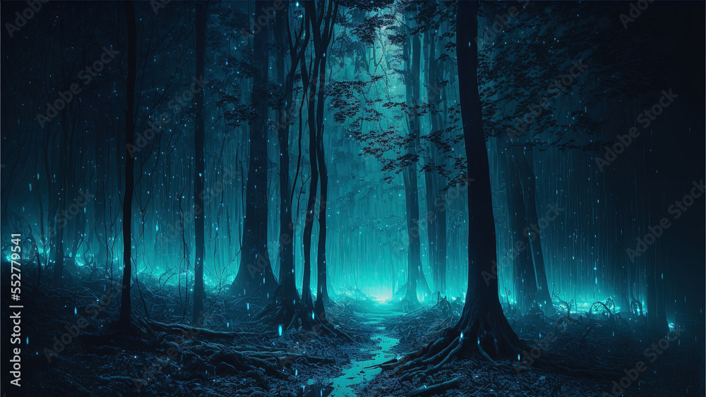Blue Forest Landscape, 4K Wallpaper, Blue, Night Stock Illustration ...
