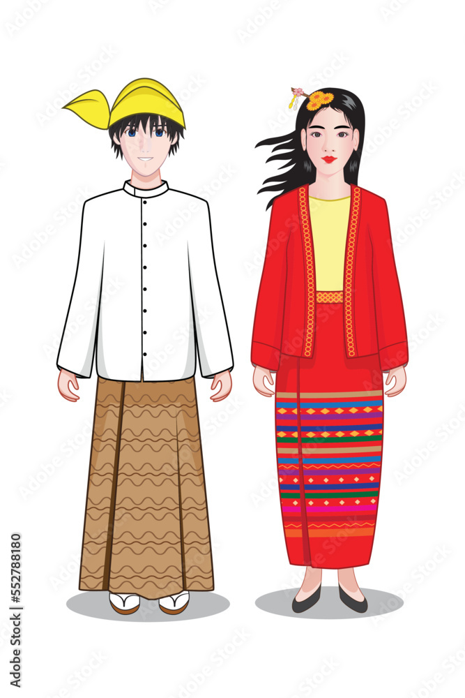 Myanmar male and female costume in traditional dress drawing in cartoon ...