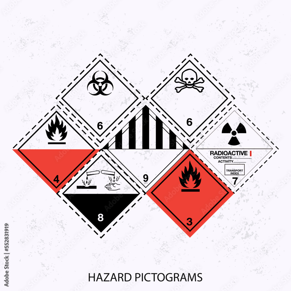 Set of hazards pictograms on vector grunge background. Globally ...