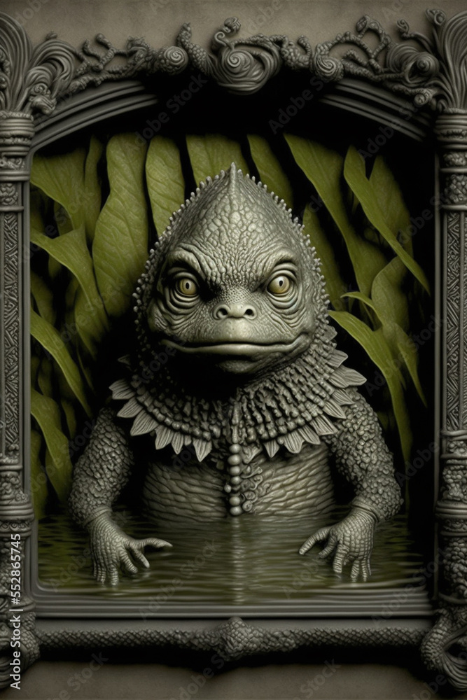 Framed swamp creature with amphibian and fish like features. Green in ...