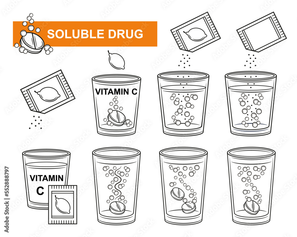 Image vectorielle Stock Effervescent soluble drug tablet, fizzy sachet ...