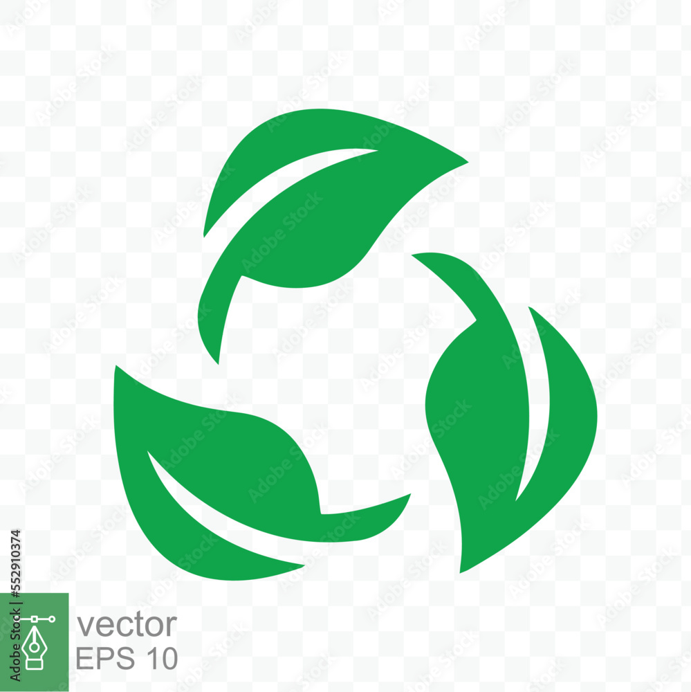 Recycle icon. Green leaf circle logo, biodegradable recyclable plastic free package symbol, eco ...