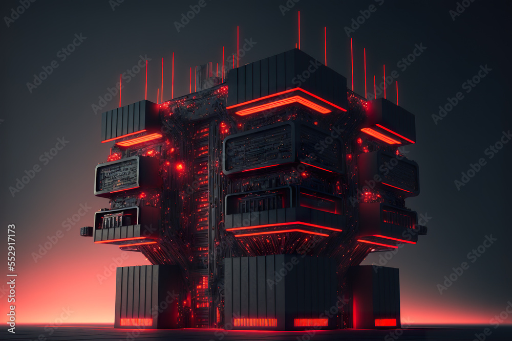 Brutalist dystopian sci fi building, red lights, at sunset. Stock ...