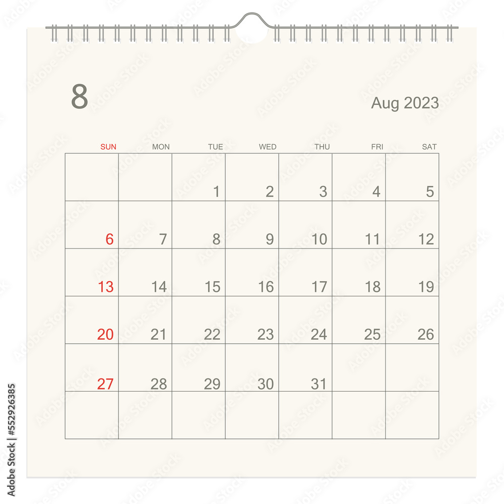 August 2023 calendar page on white background. Calendar background for ...
