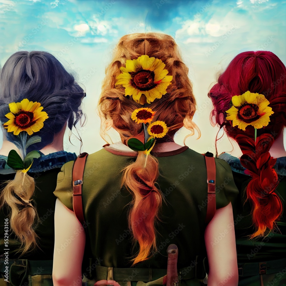 Female Soldiers Girl Back View with Yellow Flowers in Hair - Background ...