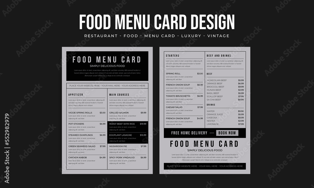 Vintage food menu card design, minimal restaurants food menu template ...