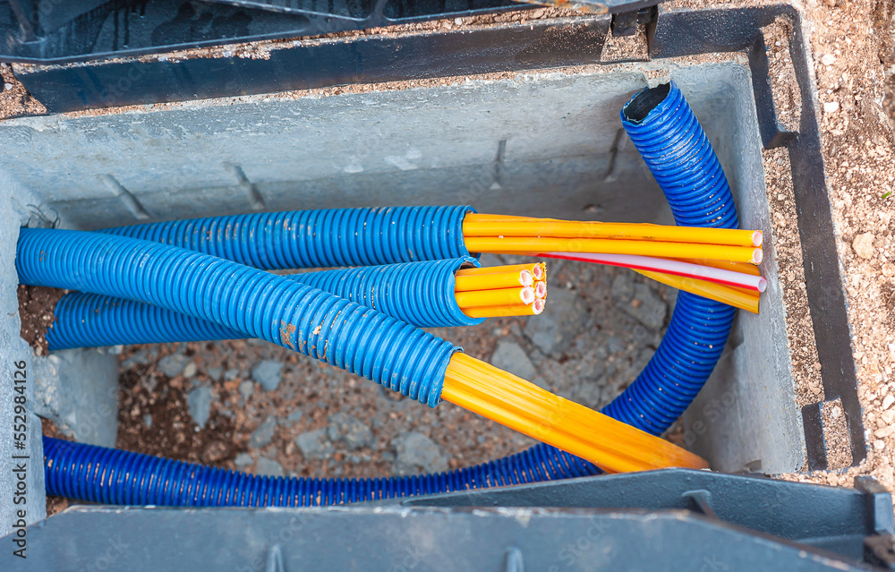 Стоковое фото «Pvc conduit for fibre optic cables in an open concrete ...