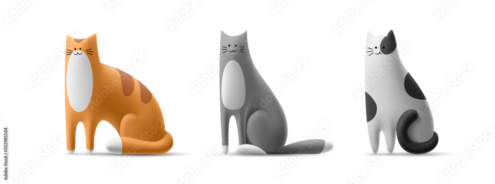 Set of volumetric happy cats of different colors in 3D cartoon style ...