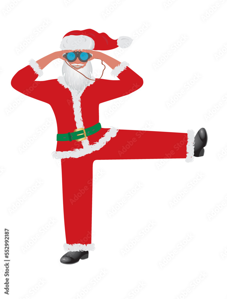 Santa Claus looking through binoculars, standing on one leg. Isolted on ...