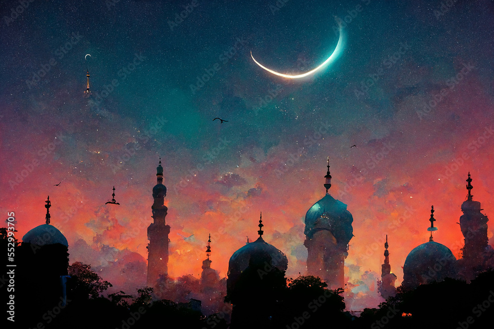 Islamic Mosques with the golden colors, realistic views of the city ...