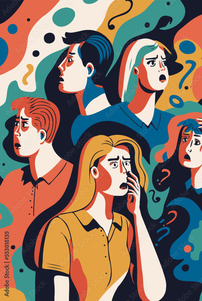 Unhappy team of people confused, lost, and frustrated. Question marks ...