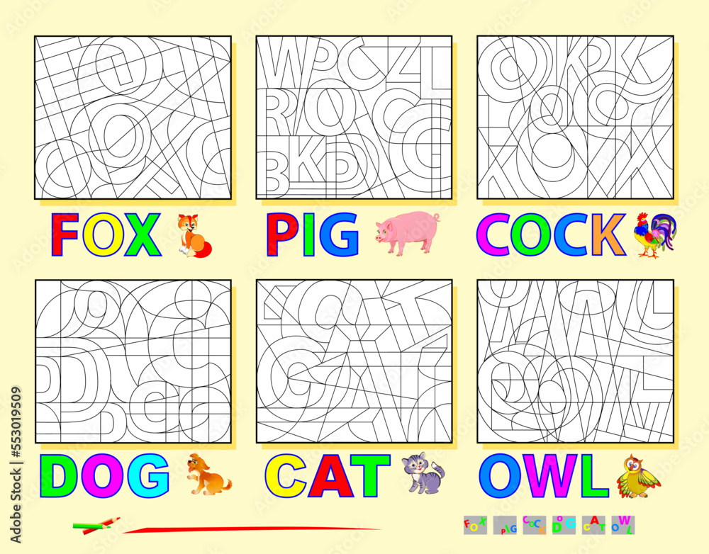 Set of educational pages for little children. Find the letters and ...