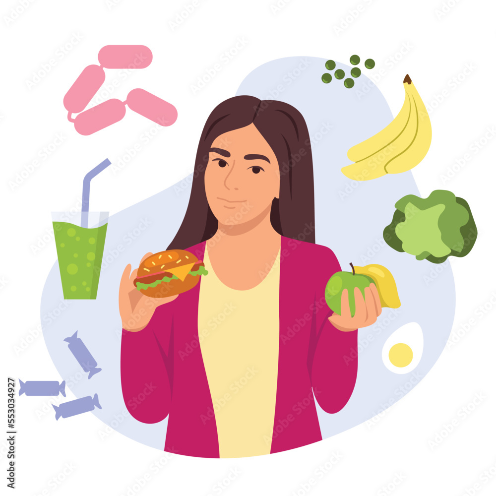 Vector illustration of healthy and unhealthy food. Cartoon scene with a ...