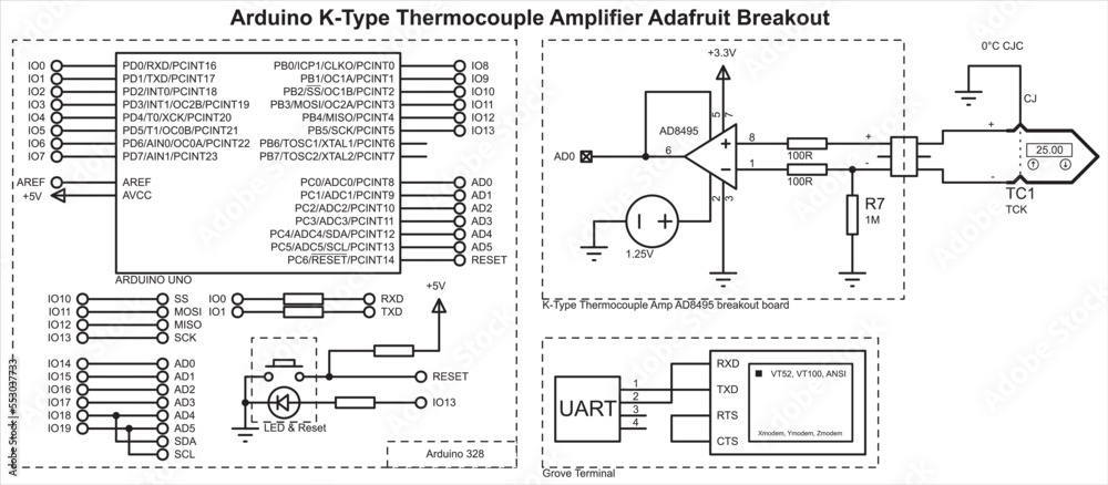 Vetor Vector schematic diagram of an electronic device on the arduino. Thermocouple amplifier ...