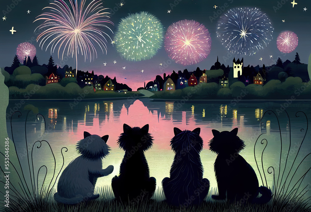 Cats watching together fireworks, fireworks in the night, Sylvester ...
