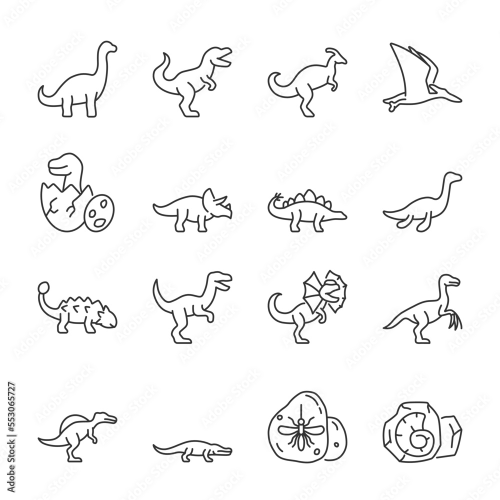 Dinosaurs icons set. Lizards of ancient times, linear icon collection ...
