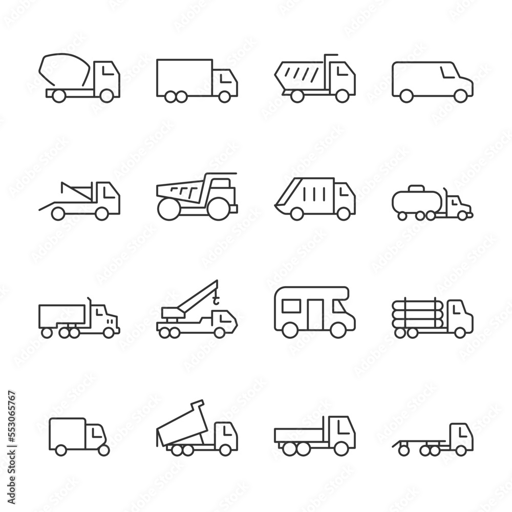Trucks icons set. Industrial transport, truck, van, tractor, dump truck ...
