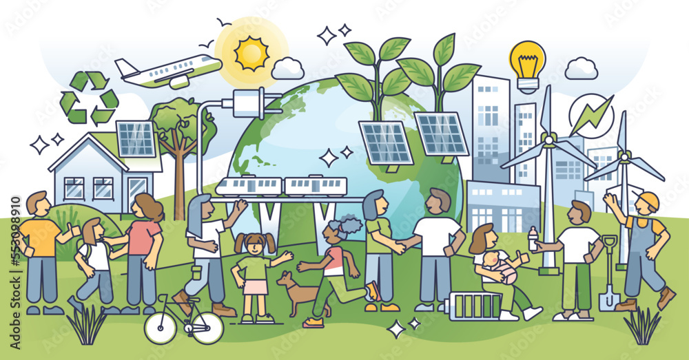 Sustainable ecosystem community living in green urban city outline ...