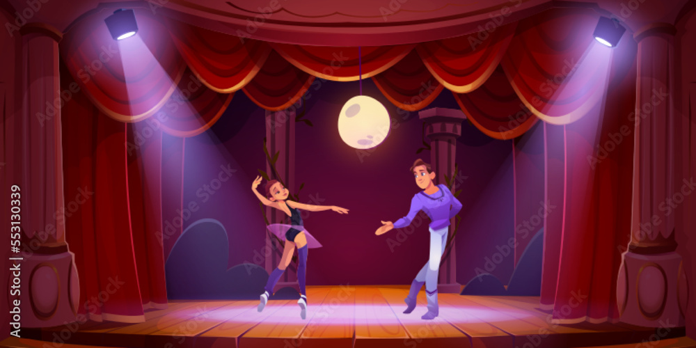Theater stage with ballet dancers couple and backdrop of night ...