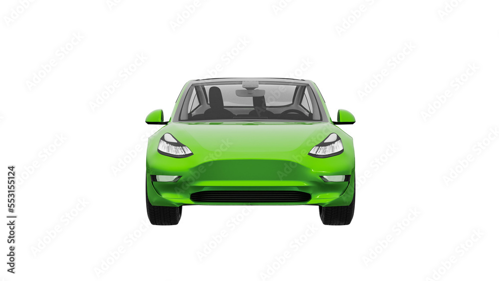 TESLA MODEL 3, 3d rendering of green TESLA 3 car on isolated white ...