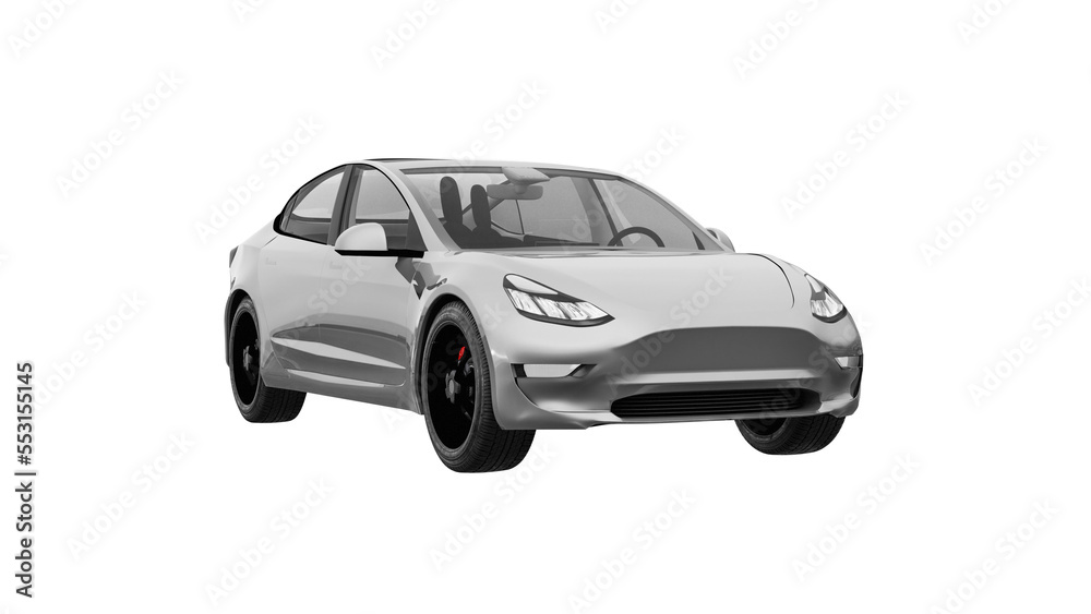 TESLA MODEL 3, 3d rendering of grey TESLA 3 car on isolated white ...
