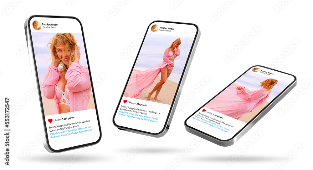 Mockup of mobile phones, sample photos shared on social media Stock ...