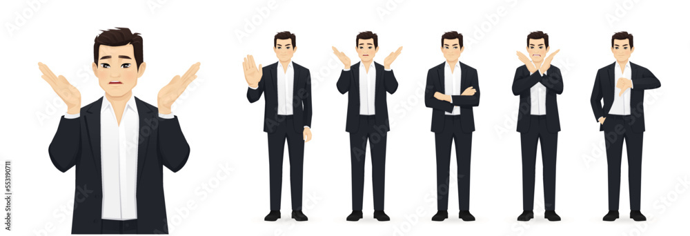 Asian business young man in in black suit showing negative emotions ...